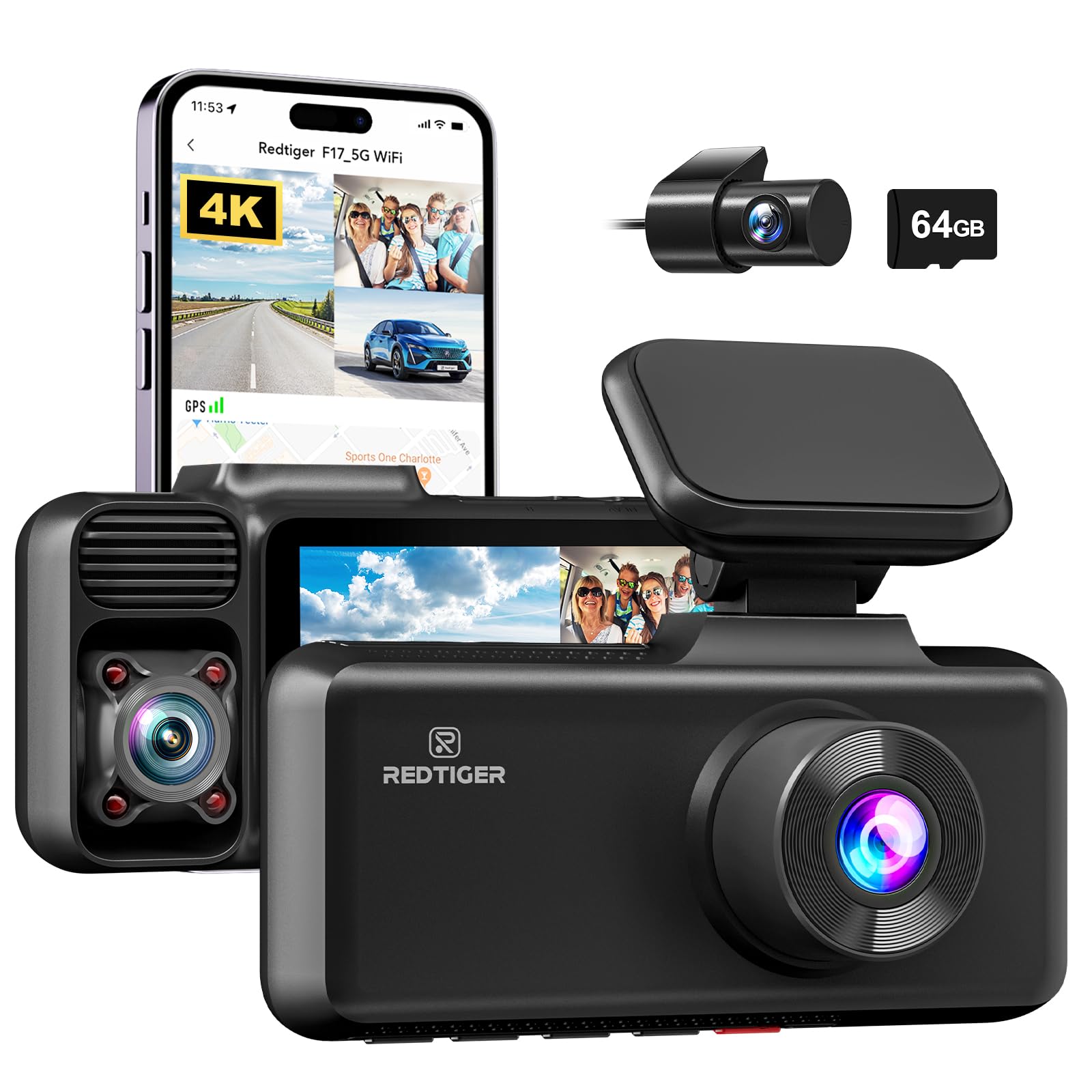 Dash Cam Redtiger F17 4k De 3 Canales 5g Wifi Gps Con Tarjeta De 64 Gb ...