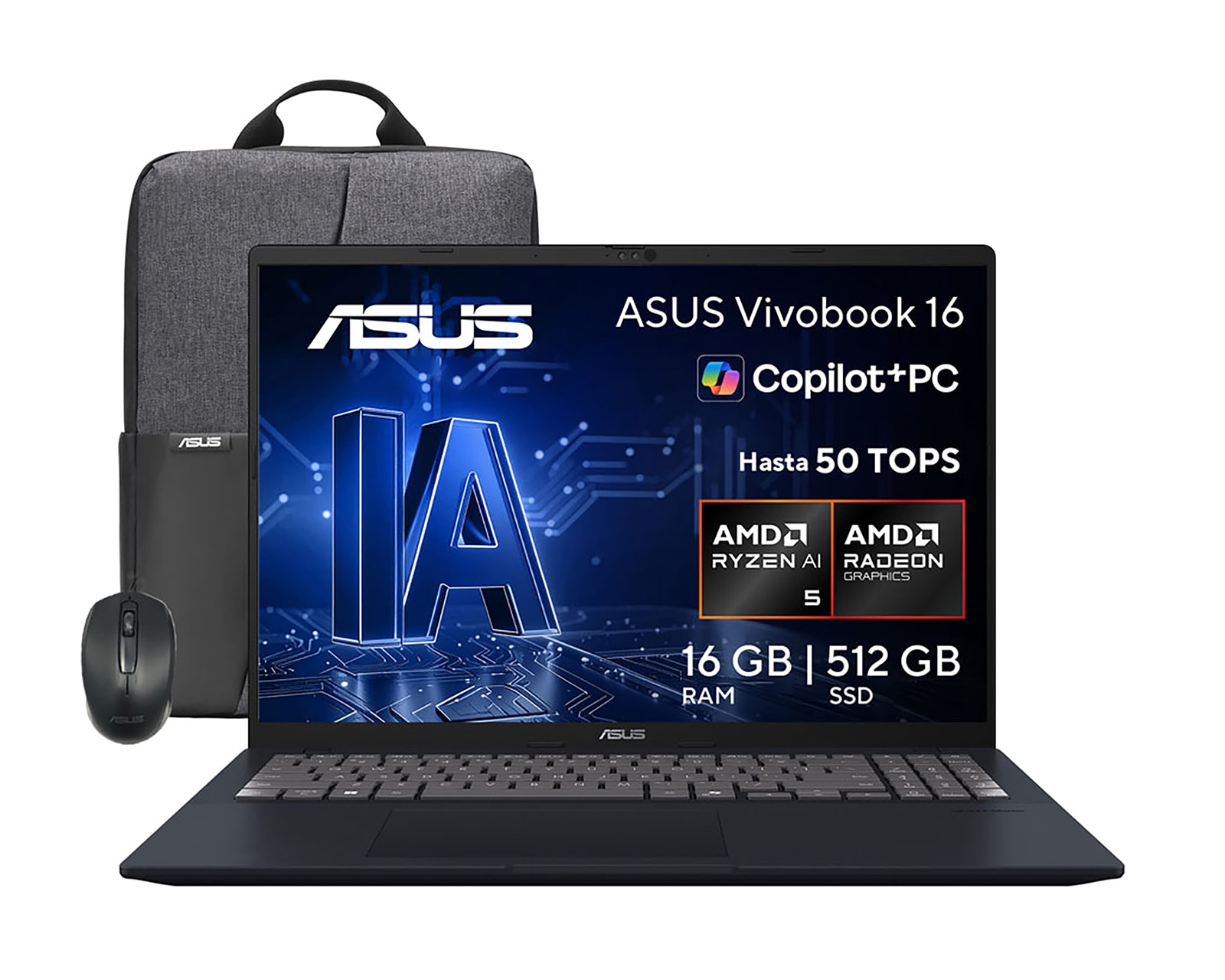Laptop Asus Vivobook 16 de 16 Pulgadas Windows 11 AMD Ryzen AI 5 16 GB RAM 512 GB SSD Negra con ...